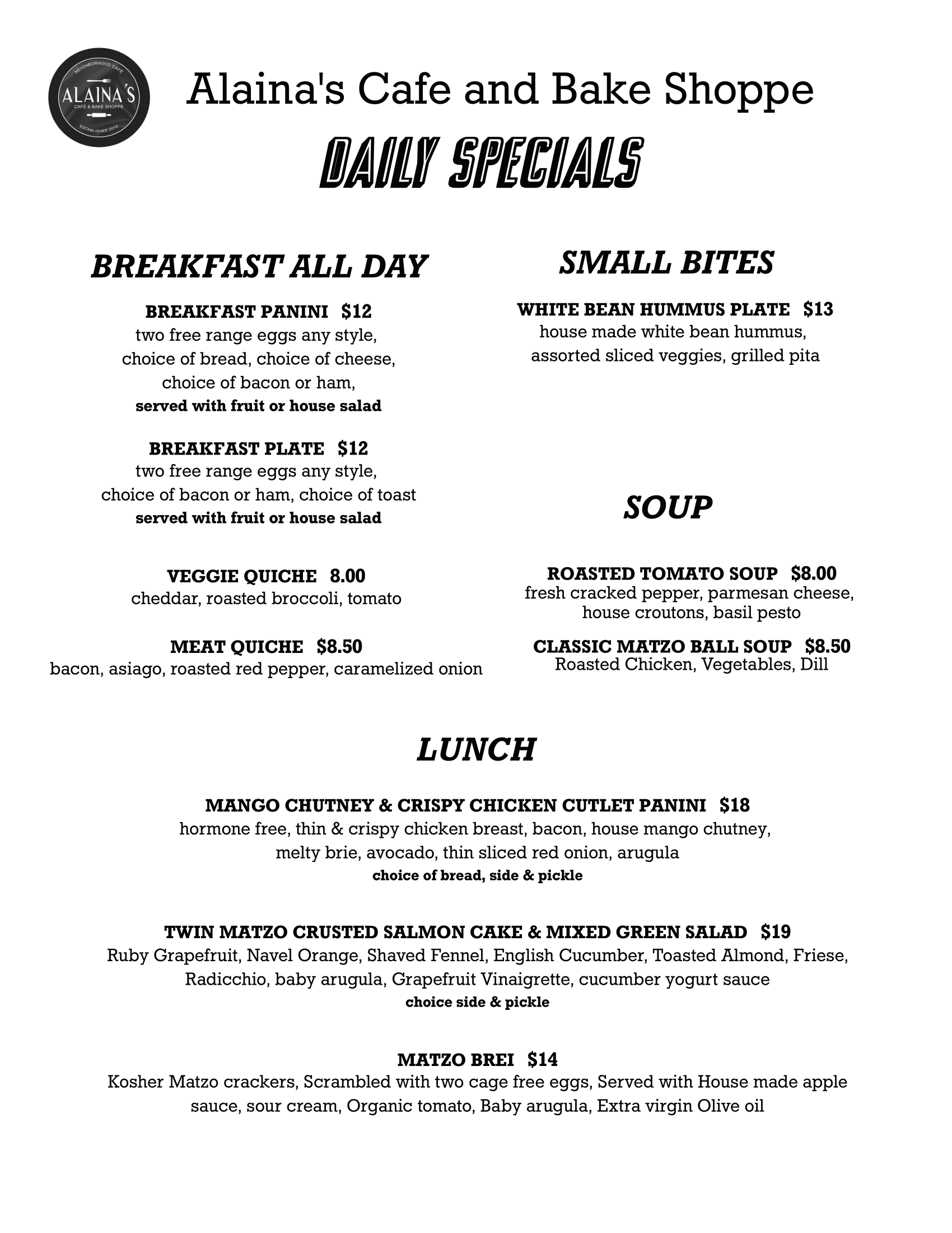 Dinner Menu – Alaina's Café & Bake Shoppe