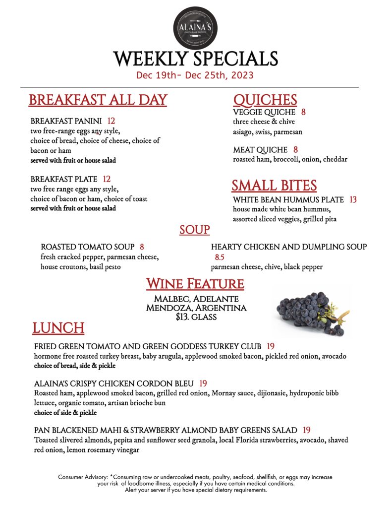 Dinner Menu – Alaina's Café & Bake Shoppe