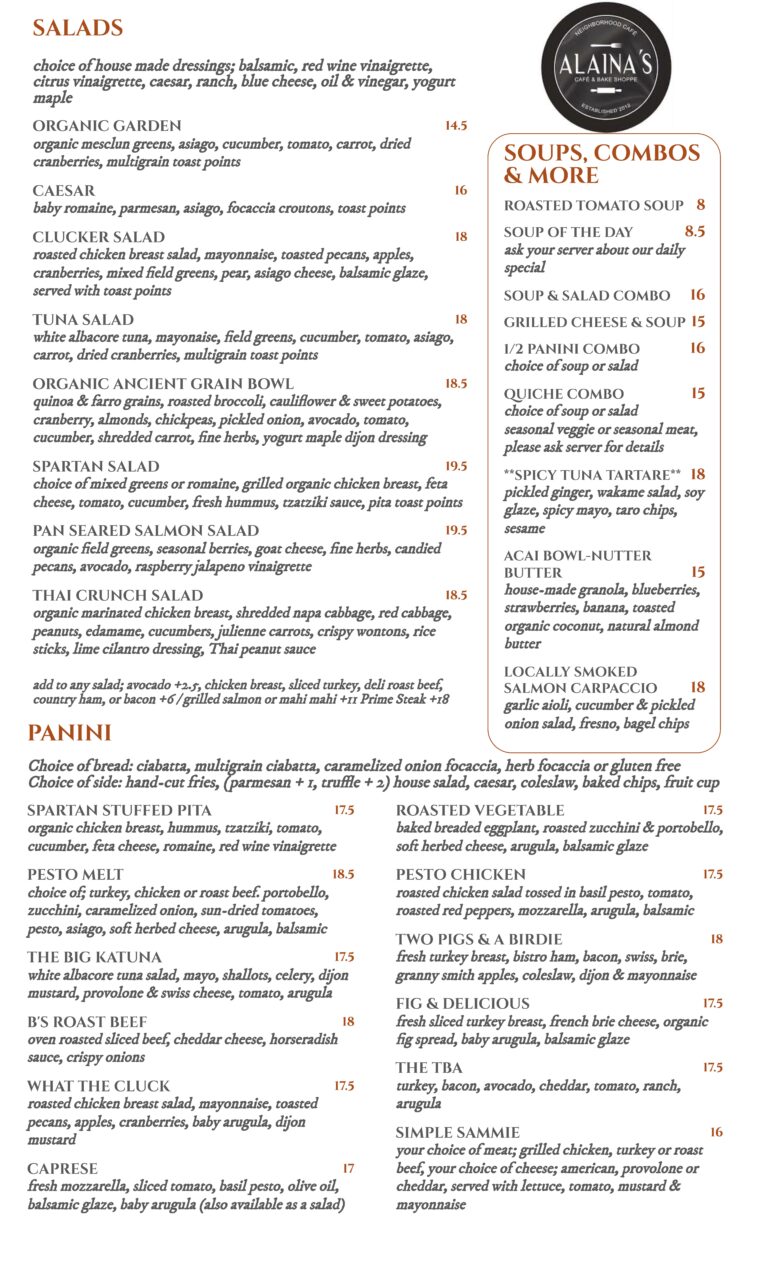 Seasonal Menu – Alaina's Café & Bake Shoppe