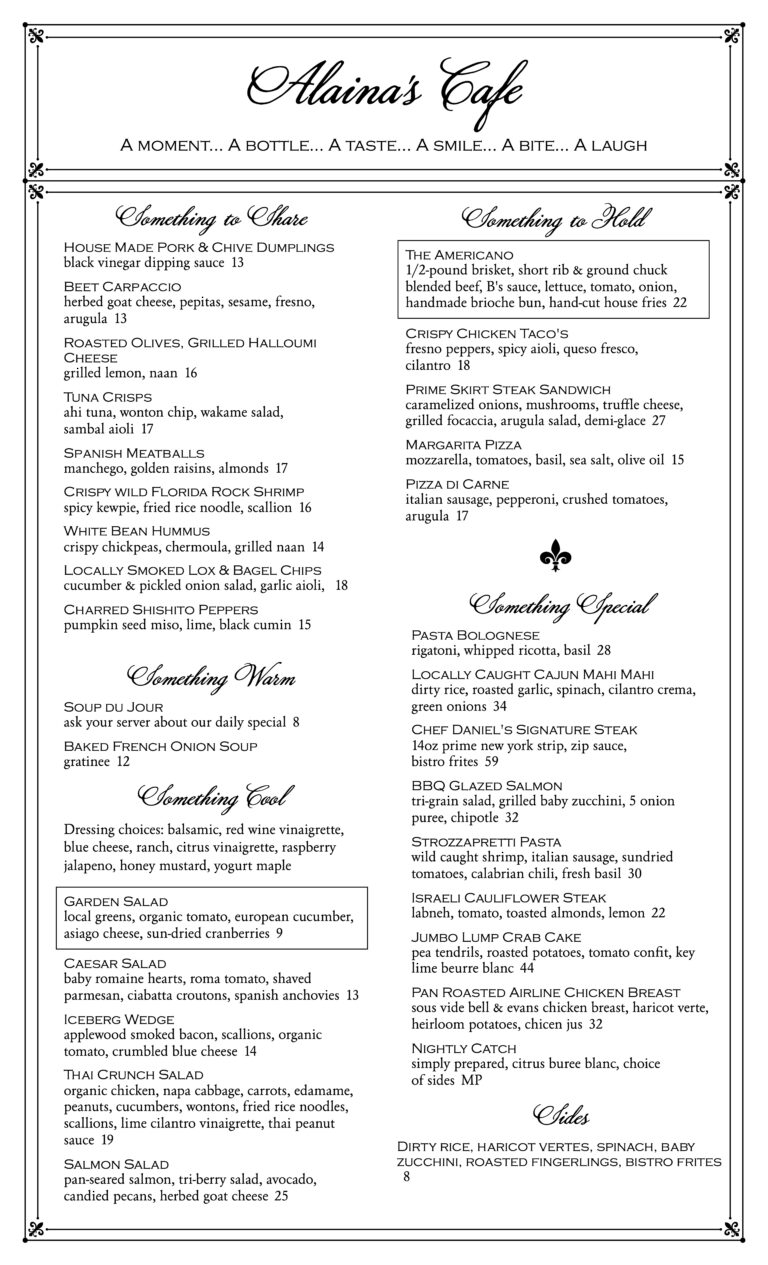Dinner Menu – Alaina's Café & Bake Shoppe